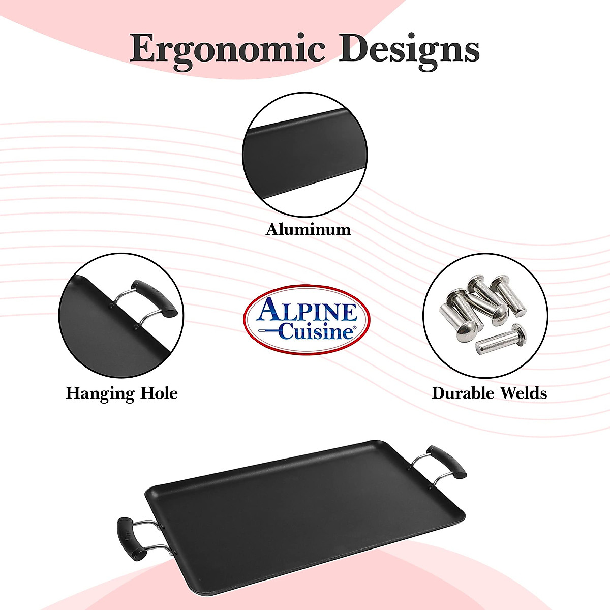 Alpine Cuisine Aluminum Griddle Pan 19x11in | Nonstick Coating & Heat Resistant | Gas Stove Griddle for Cookware with Double Handle - Ideal for BBQ & Serving Pancakes, Hand Wash - Gray