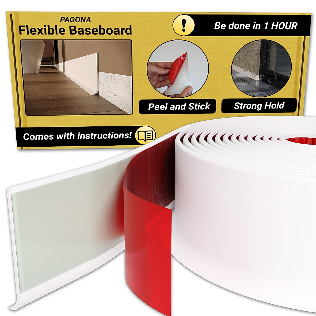 PAGONA Floor Trim Molding, Trim for Walls, Peel and Stick Baseboard, Flexible Trim Moulding, Skirting Boards for Walls, Flexible Baseboard Molding Trim, Wall Molding Trim, 4 Inch x 20 Feet