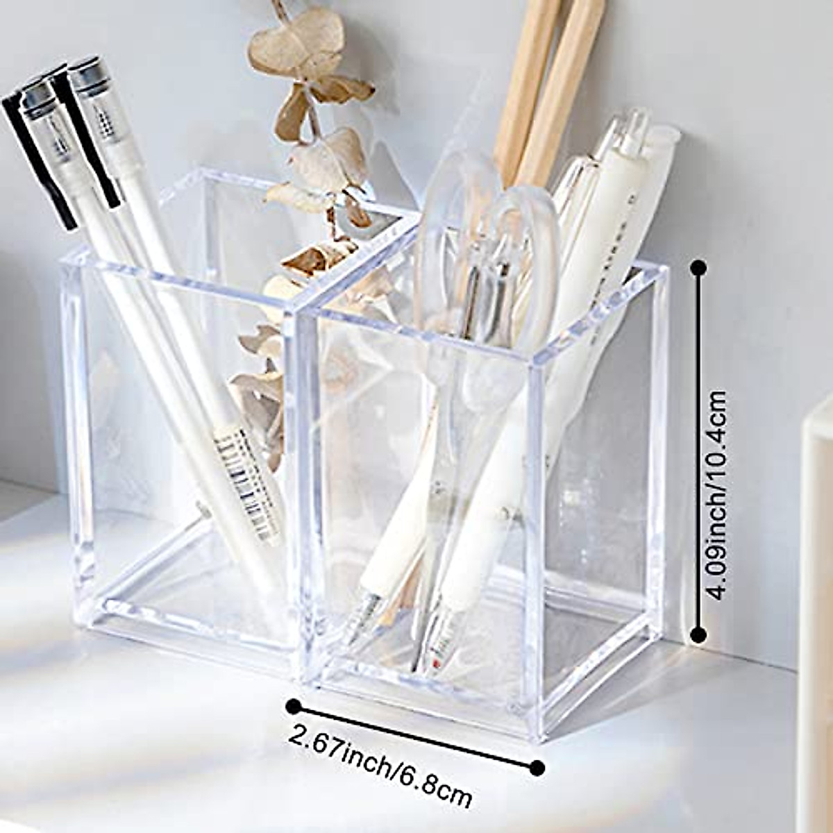 2 Pack Acrylic Pen Holder Makeup Brush Holder Clear Pencil Makeup Brush Storage Organizer Cup for Office Acrylic Desk Accessories Dorm Bathroom Supplies