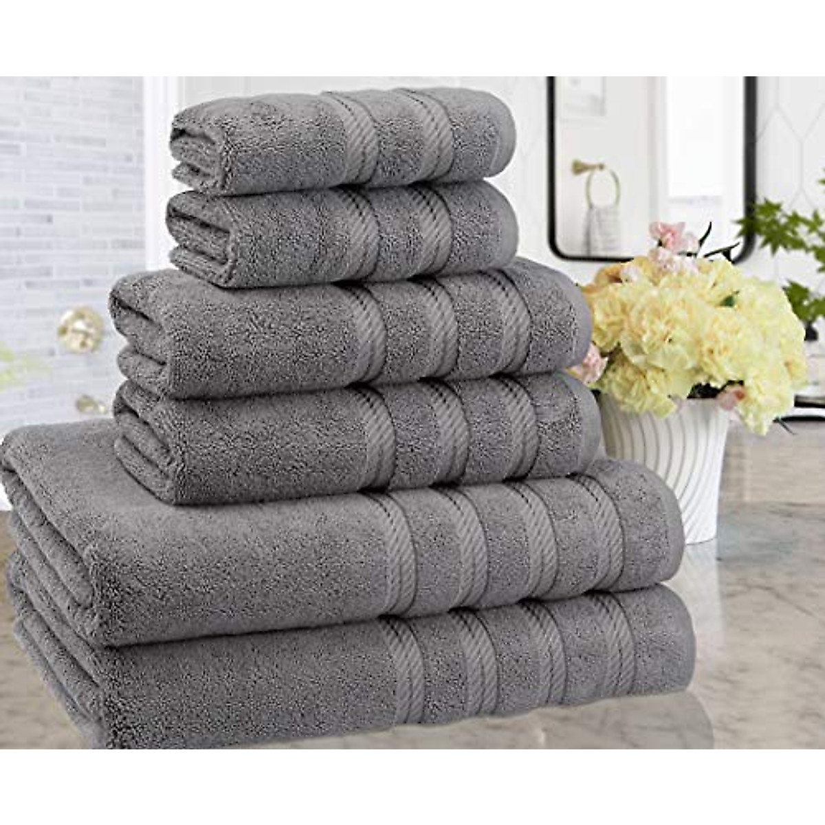 American Soft Linen 100% Turkish Carde Cotton 6 Piece Towel Set, 560 GSM Towels for Bathroom, Super Soft 2 Bath Towels 2 Hand Towels 2 Washcloths, Silver Grey