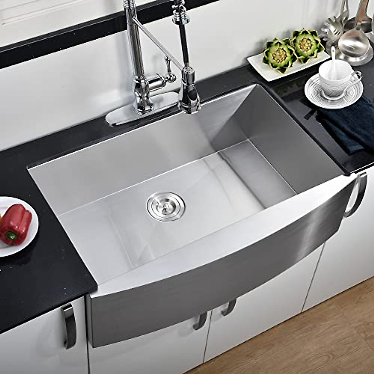 Comllen Commercial 33 Inch 304 Stainless Steel Farmhouse Sink, Single Bowl Kitchen Sink 16 Gauge 9 Inch Deep Handmade Undermount Kitchen Apron Sink Farm Sink