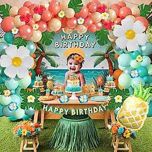 Tropical Balloon Garland Arch Kit - 12", 10", 5" Rose Gold, Blush Blue Balloons with Artificial Palm Leaves & Plumeria for Magic, Tropical, Hawaii, Luau-Themed Birthday Party, Baby Shower Decorations