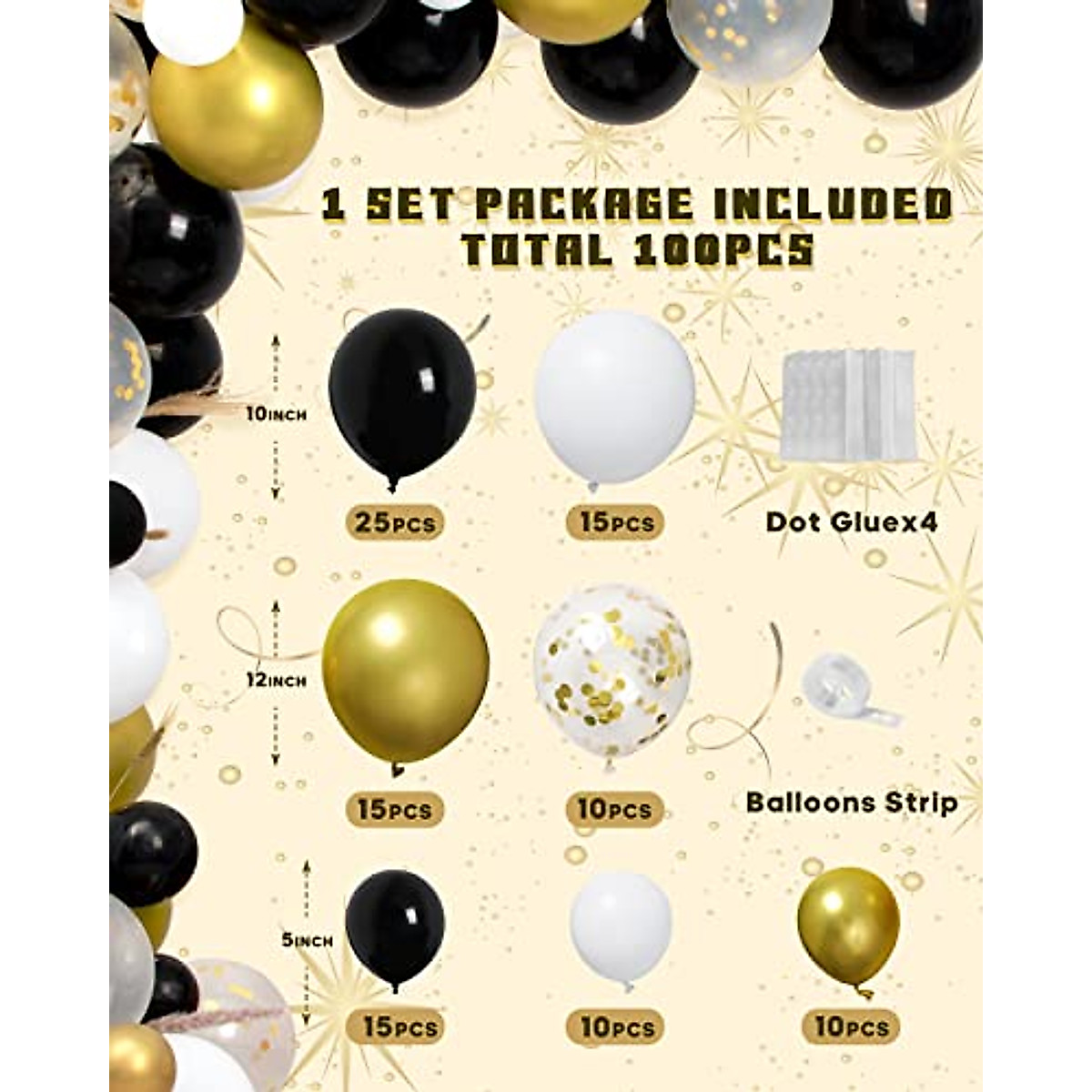 MOMOHOO Black and Gold Balloons Garland - 100Pcs 12/10/5" Gold Black White Balloons Confetti Balloons, New Year Balloons Graduation Balloons Latex Balloon for Graduation, Metallic Gold Birthday Ballon