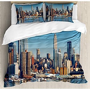 Ambesonne New York Duvet Cover Set, Photography of Urban City Skyline Manhattan with Building Over River Panorama Print, Decorative 3 Piece Bedding Set with 2 Pillow Shams, California King, Blue Grey
