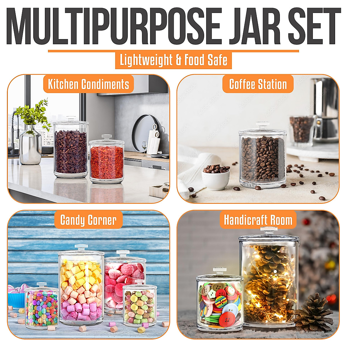 Premium Clear Acrylic Apothecary Jars with Lids for Bathroom & Laundry Room - Multipurpose Bathroom Canisters with Scoops & Labels - Laundry Containers for Pods & Dryer Sheets - Assorted 4 Pack