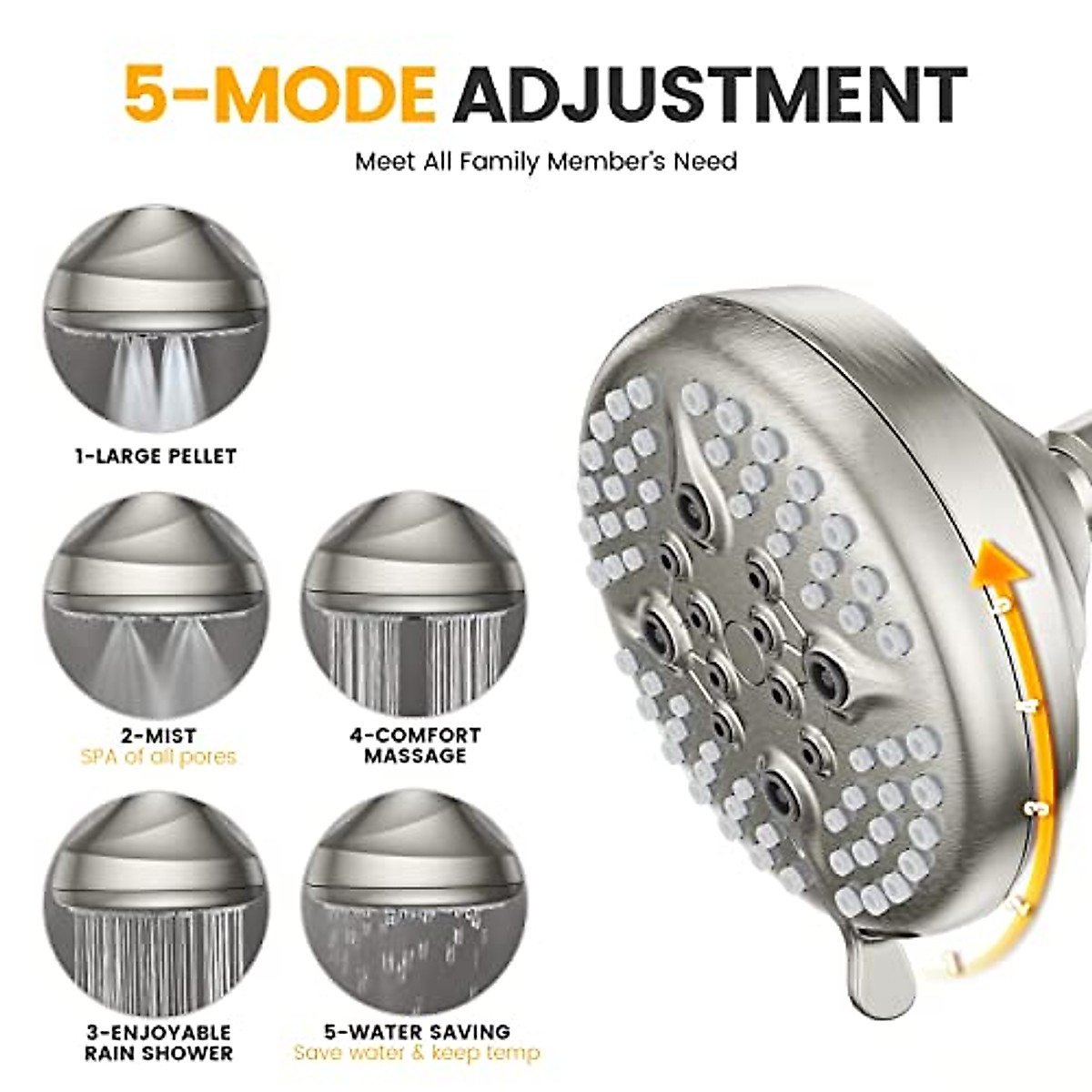 YASFEL Shower Head High Pressure 5" Fixed Shower Head 5 Settings 2.5 GPM Bathroom Adjustable High Flow Shower Head with 360°Brass Ball Joint (Brushed Nickel 2.5GPM)