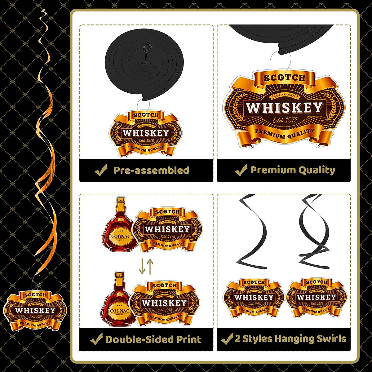 20PCS Whiskey Party Decorations for Men, Whiskey Hanging Swirls for Whiskey Themed Party Decorations (Not Pre-Assembled)