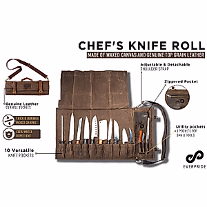 EVERPRIDE Chef’s Knife Roll Bag PLUS Knife Guard Set (10-Piece Set) Canvas and Leather Knife Bag Holds 10 Knives and Cooking Tools – Felt-Lined and BPA Free Knife Sheath Set – Knives Not Included