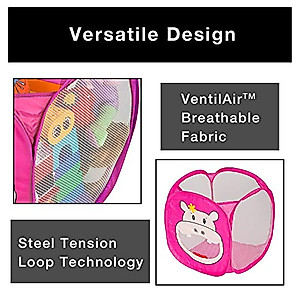 Smart Design Kids Pop Up Organizer with Animal Print - Set of 4 - VentilAir Mesh Netting - for Toddlers, Baby Clothes, Plushies, and Toys - Home Organization - Cube - 10.5 x 11 Inch - Pink Hippo