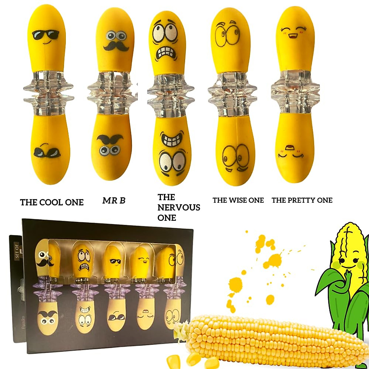 Fumiko's Unique Corn Holders for corn on the cob - 10 PCS/5 corn cob holders set, Fun Faces, interlocking corn holder set making your corn on the cob experience even more entertaining
