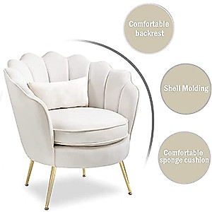 ZJhome Modern Accent Velvet Chairs Shell Shape Barrel Chairs Comfy Upholstered Vanity Chairs for Bedroom Armchair Chairs with Golden Metal Legs Makeup Chairs for Living Room (White)