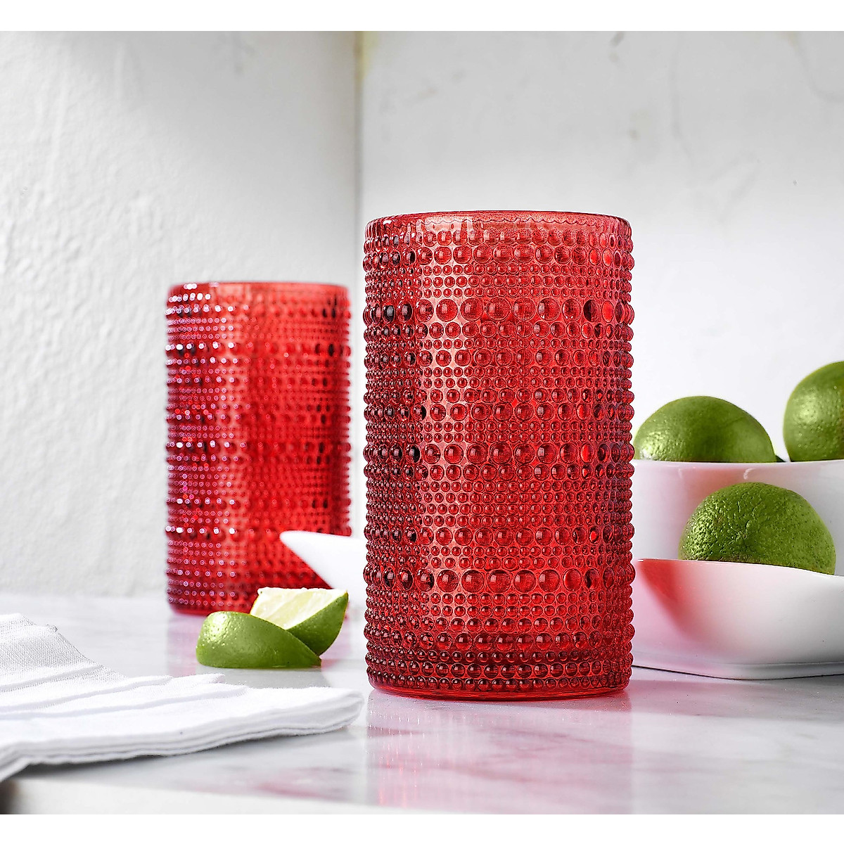 Glaver's Hobnail Drinking Glasses Set of 4 Red Vintage Glassware. 15 Oz. Everyday and Holiday Dinner Beaded Drinking Glasses for Water, Juice, Cocktail.