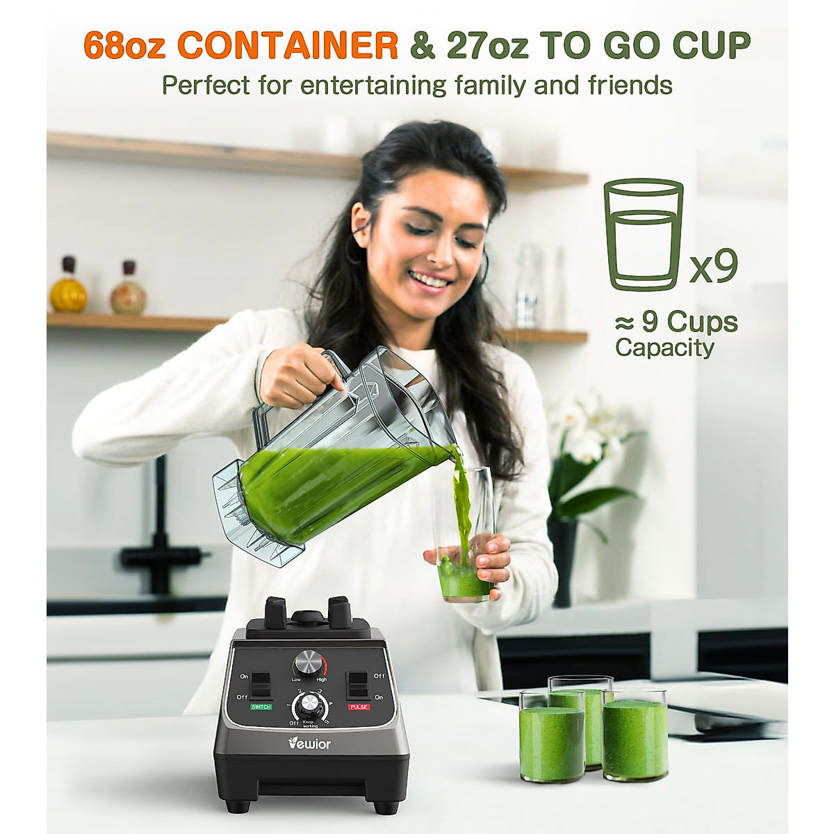 VEWIOR 2200W Blenders for Kitchen, Professional Smoothie Blender with 68oz Tritan Container & 27oz To-Go Cup, Countertop Blender for Smoothies