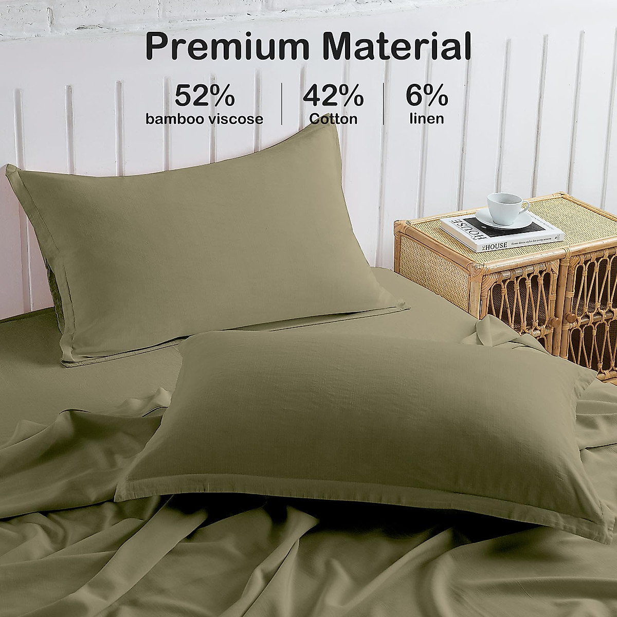 Olive Green Linen-Textured Bed Sheets Set, Bamboo Rayon , Cotton , Linen Blend Bed Sheets Full Size, Soft Cool & Breathable for Hot Sleepers,Durable Natural Organic Bed 15'' Deep Pocket - 4 Piece