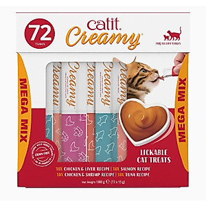 Catit Creamy Lickable Cat Treat, Healthy Cat Treat, 4 Flavours, 72 Tubes, 1080g (72 X 15g)