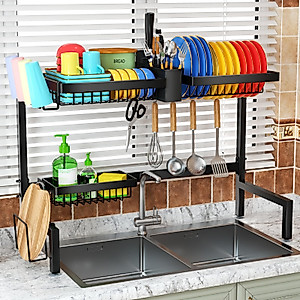 SNSLXH 2 Tiers 3 Baskets Over The Sink Dish Drying Rack, Kitchen Large Shelf, Suitable for 99% Sinks, Effective Drainage Drying, Kitchen Drainage Rack, 24.8"-35.4"