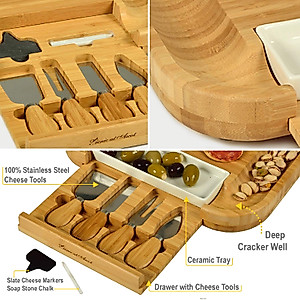 Custom Personalized Engraved Bamboo Cutting Board for Cheese & Charcuterie with Ceramic Dish, Knife Set & Cheese Markers -by Picnic at Ascot USA