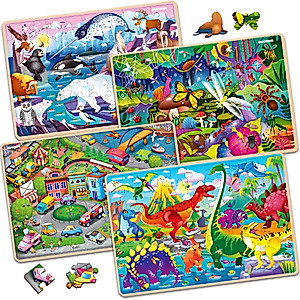 QUOKKA Wooden Puzzles for Kids Ages 4-6 – 4 x 60 Piece Kids Puzzles Ages 4-8-10 Year Olds by QUOKKA - Jigsaw Learning Game with Animals Dinosaurs City for 3-5 yo Wood Toys for Boys and Girls