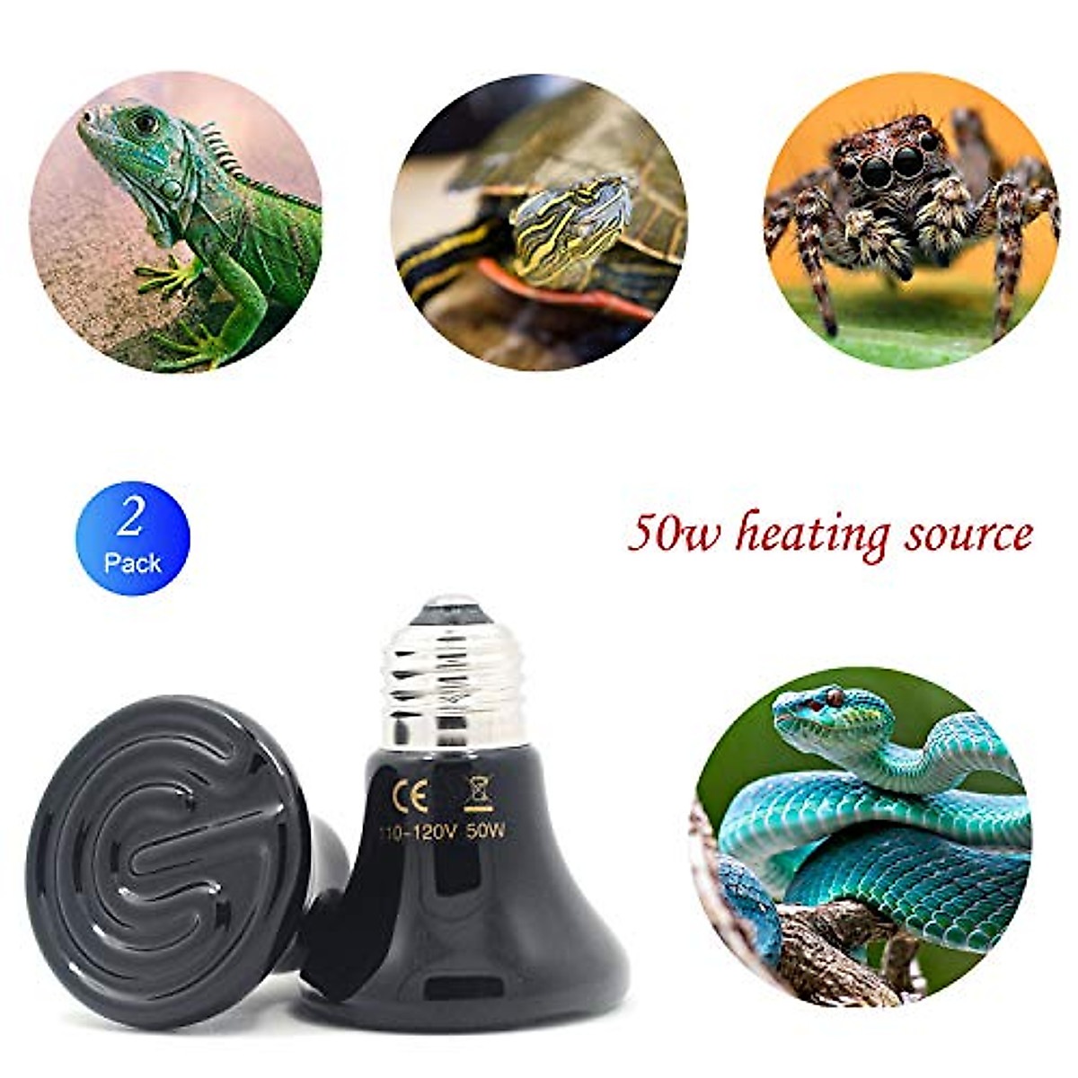 iRuiZhe Mini Reptile Heat Lamp Bulb 2 Pack, 50W 60MM Pet No Light Infrared Ceramic Heat Emitter for Brooder Coop, Lizard, Lambs, Snake, Black