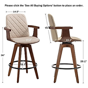 WUPOTO Bar Stools Set of 2, Upholstered Faux Leather Counter Height Bar Stools, Swivel Barstools with Wooden Arms and Legs (Beige, 30" Seat Height)