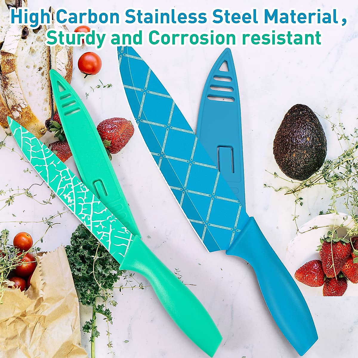 Mosheng Knife Set,5 Piece Colorful Knife Sets with Unique Non Stick Coating Surface,Stainless Steel Knives Set with Covers,Kitchen Knife Box Set,Chef Knife,Santoku Knife,Utility and Paring Knife