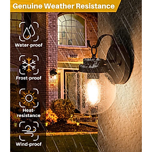 LALUZ Sphere Porch Light, Outside Lights for House with Seeded Glass Globe, Weather-Proof Outdoor Light Fixtures Wall Mount for Front Door, Garage, Yard, Patio, Textured Black Finish, 2 Pack