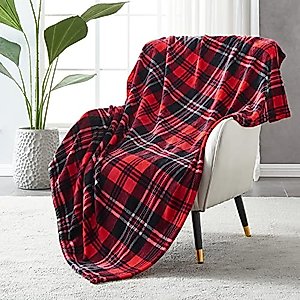 SOCHOW Flannel Fleece Throw Blanket 50 × 60 Inches, All Season Plaid Red/Grey Blanket for Bed, Couch, Car