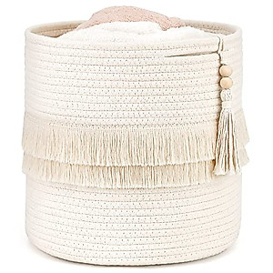 Dahey Macrame Decorative Cotton Rope Storage Basket Boho Nursery Decor Small Cute Woven Tassel Storage Bins Organizer with Wooden Bead for Baby Toys,blanket, Magazines, Living Room,Bedroom, 11"x11"