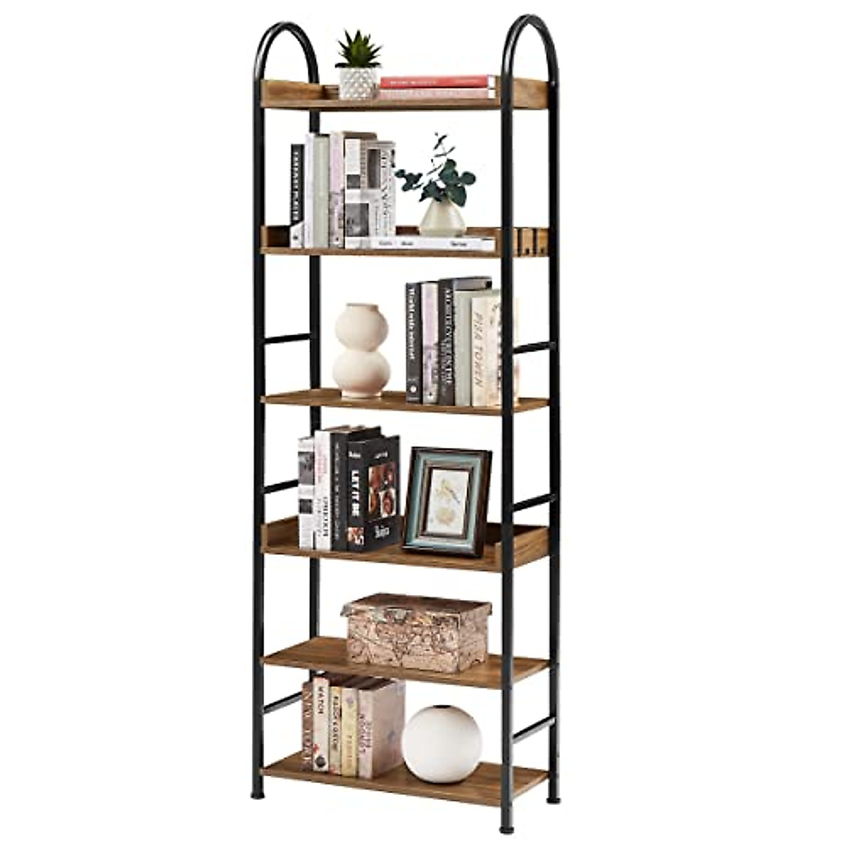 CEMKAR 6-Tier Industrial Wood Bookshelf, Vintage Storage Rack with Open Shelves, Rustic Upright Bookshelf Metal Frame Display Rack for Living Room, Bedroom, Office (Brown)