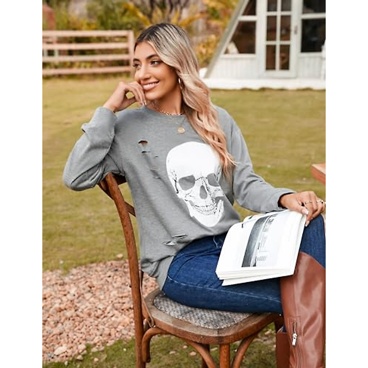 Blooming Jelly Women's Halloween Sweatshirts Skull Graphic T Shirts Long Sleeve Pullover Gothic Fall Trendy Outfits 2024 (Large, Grey)
