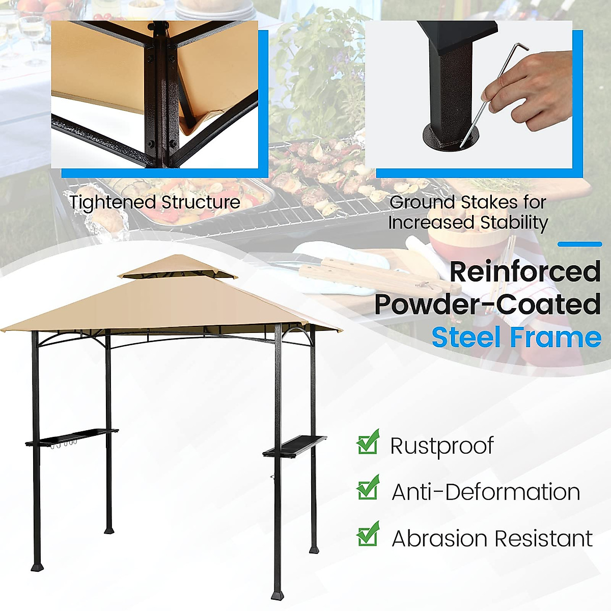 Giantex Grill Gazebo, 8ft x 5ft Grill Station with Canopy, Heavy Duty Steel Frame, 2 Side Shelves, 5 Hooks, 8 Ground Stakes, Outdoor Grill Shelter Barbecue Tent for Backyard Patio Camping (Beige)