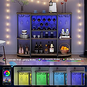 Logianis Wine Rack Table with Outlet and LED Light 47.3 Inch FreeStanding Wine Bar Rack Wooden Rustic Wine Storage with Wine Shelf and Glass Holder Wine Bar Cabinet Rustic Brown