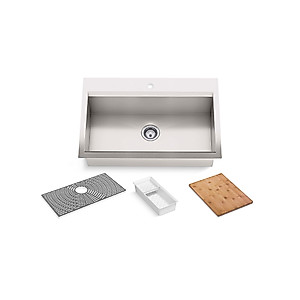 KOHLER Task Kitchen Sink, Stainless Steel Dual Mount Single Bowl, 33" Workstation Sink, 1 hole faucet, K-80084-1PC-NA