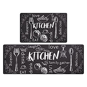 HEBE Anti Fatigue Kitchen Mat Set of 2 Non Slip Thick Cushioned Kitchen Rug Sets with Runner 17"x48"+17"x28" Heavy Duty Comfort Standing Mats Waterproof Kitchen Carpet