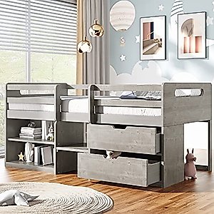 CITYLIGHT Twin Low Loft Bed with Storage, Kids Loft Bed with Two Shelves and Two Drawers,Wooden Loft Bed Twin for Girls Boys Bedroom,Antique Grey