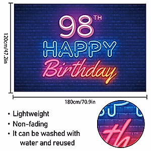 Glow Neon Happy 98th Birthday Backdrop Banner Decor Black – Colorful Glowing 98 Years Old Birthday Party Theme Decorations for Men Women Supplies