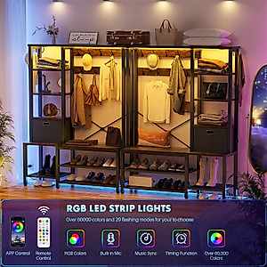 Aheaplus Hall Tree with Storage Bench, Coat Rack with LED Lights, 5-Tier Shelves, Fabric Storage Basket, Side Hooks, 71’’ Industrial 5 in 1 Large Organizer, Sturdy Metal Frame, Rustic Brown