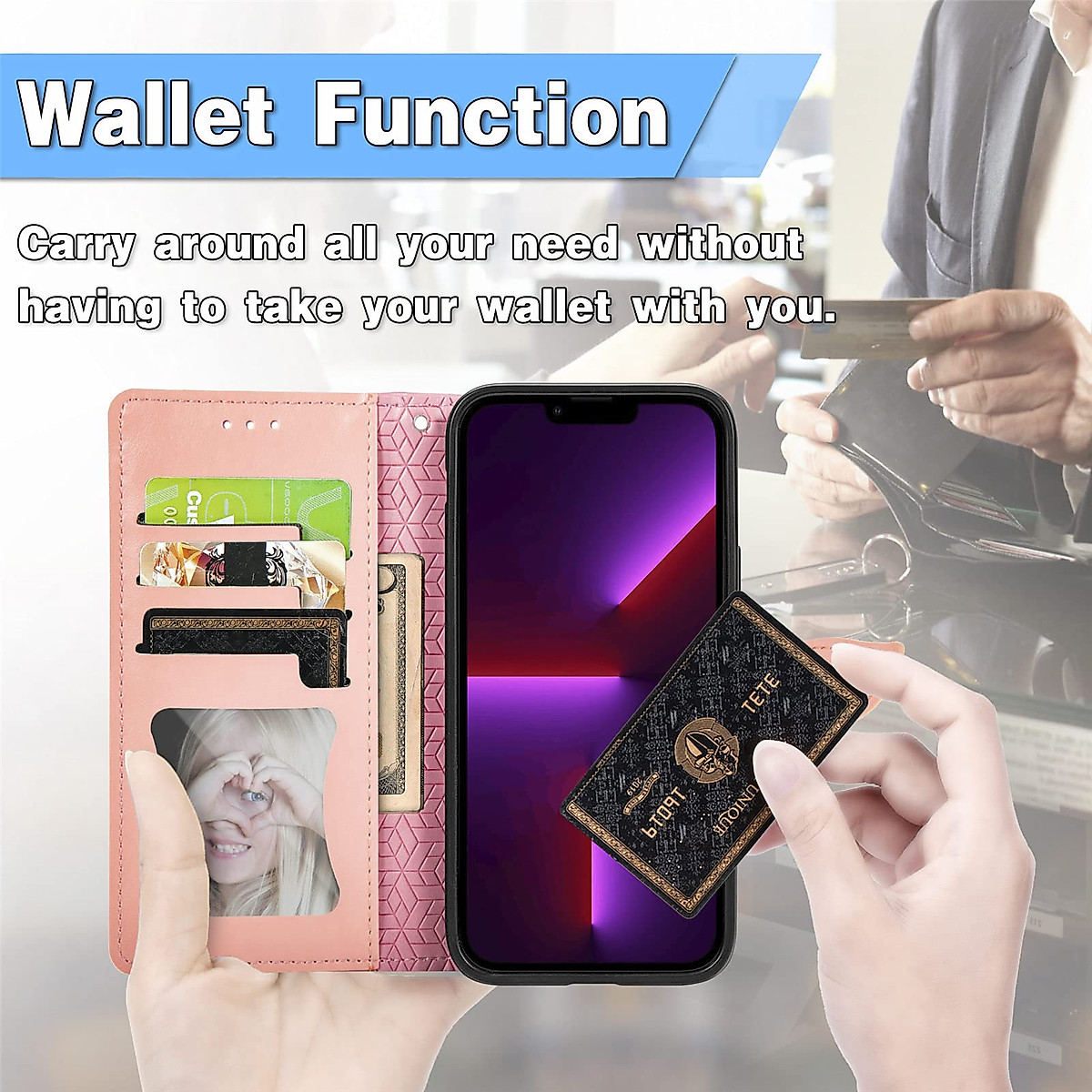 ONV Wallet Case Compatible with Samsung Galaxy S9 Plus -1.5M Adjustable Strap Emboss Feather Flip Phone Case Card Slot Magnet Leather Shell Flip Stand Cover for Samsung Galaxy S9 Plus [MZY] -Pink