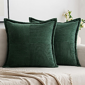 Woaboy Corduroy Pillow Covers 18x18 Inch Dark Green Set of 2 Super Soft Boho Striped Couch Covers Broadside Splicing Decorative Textured Throw Pillows for Cushion Livingroom