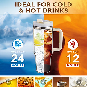 Ochapa 40 oz Tumbler with Handle Straw Lid Insulated Stainless Steel Vacuum Reusable Keep Drinks Cold Coffee Cup Holder Friendly Gifts for Women Men Lover Car Gym Travel, White