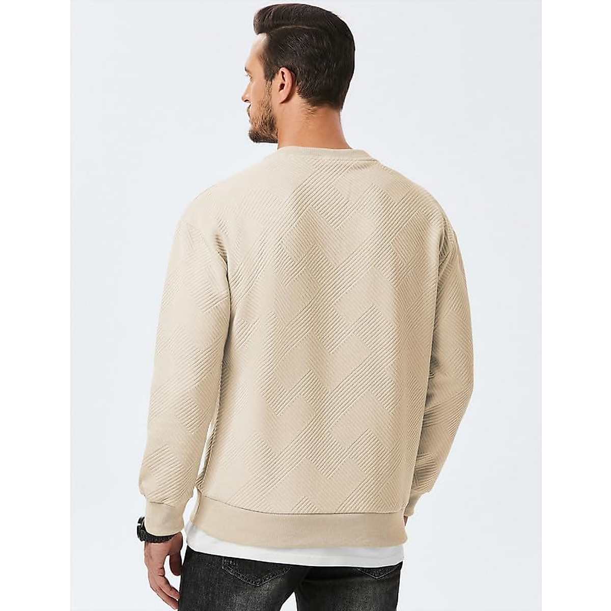 Dokotoo Men Men's Crew Neck Sweatshirts Soild Color Geometric Texture Long Sleeve Casual Pullover Shirts Beige 3X-Large