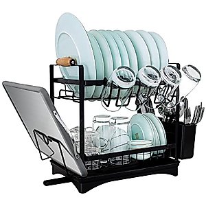 huspossesser Dish Drying Rack with Drainboard, 2 Tier Small Dish Rack, Dish Racks for Kitchen Counter, Stainless Steel Dish Drainer with Utensil Holder, Cup Rack and Cutlery Holder, Black