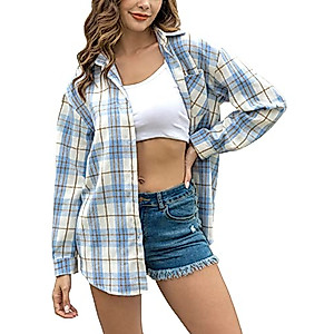 Silly Turtle Flannel Plaid Shirts for Women Oversized Long Sleeve Button Down Shirts Blouse Tops(0015-LightBlue-S)