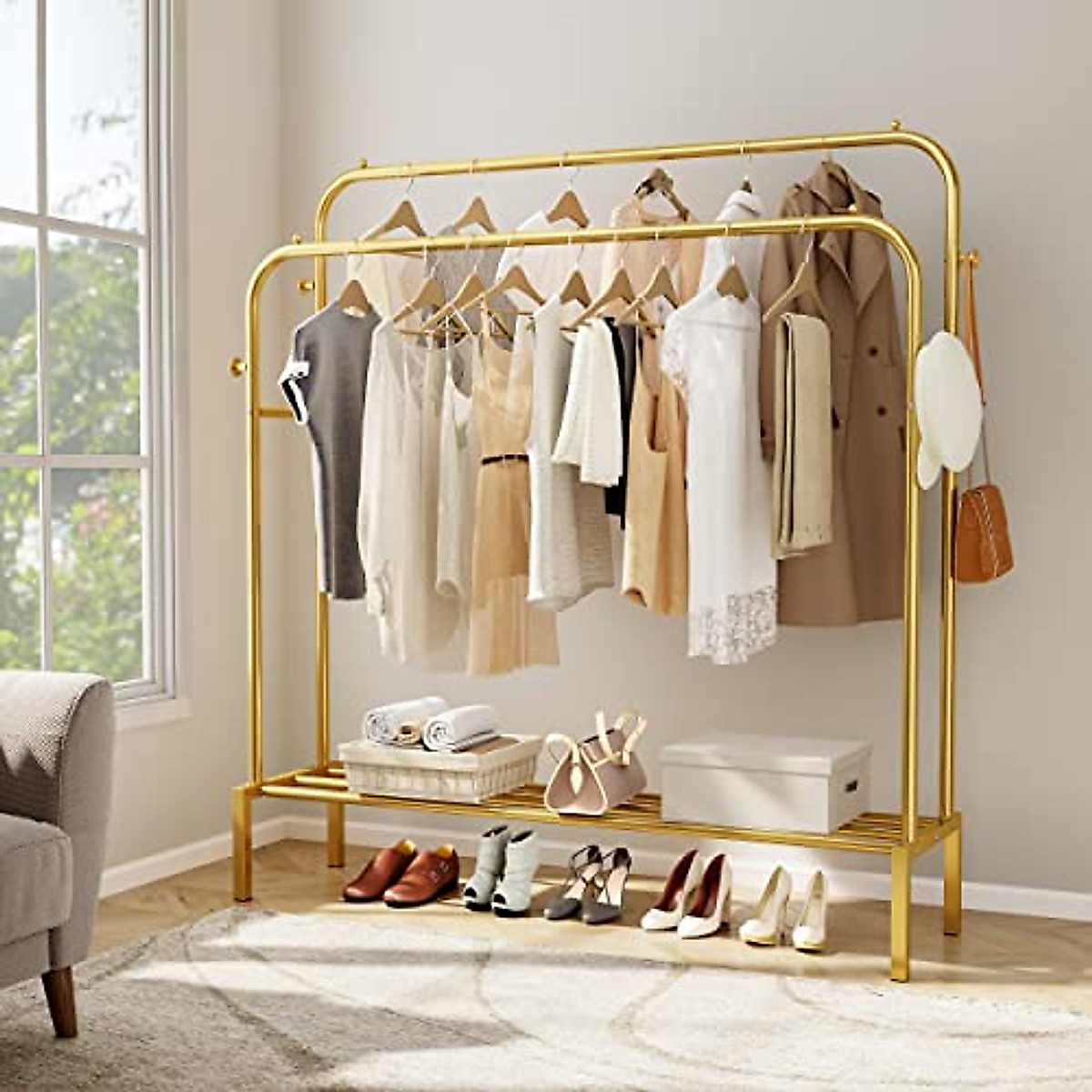 JOISCOPE Double Rods Portable Garment Rack for Hanging clothes, 43.5 * 60.6 Inch Metal Clothing Rack with Bottom Shelves and 4 Hooks,Freestanding Clothes Rack for Bedroom,Space Saving, Gold
