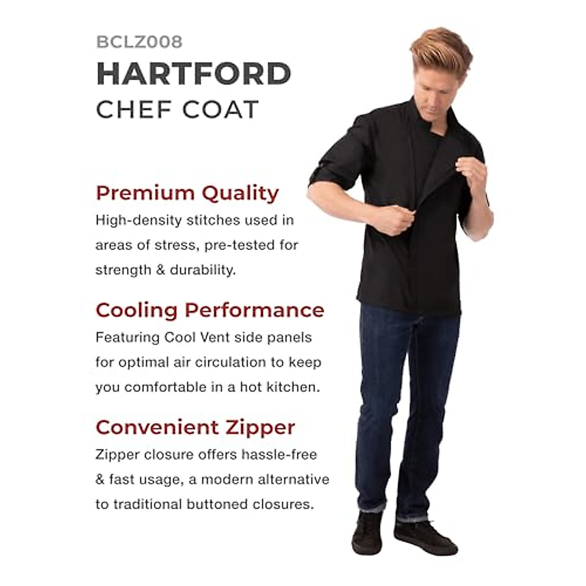 Chef Works Men's Hartford Chef Coat, Black, Medium