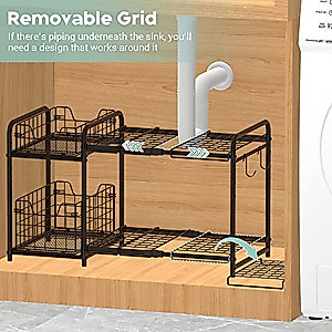 Under Sink Organizers and Storage, Zitaloken Bathroom Cabinet Organizer with Pull Out Drawer & Expandable Shelf, Kitchen Sink Organizer Metal Rack with Non-slip Feet, Matte Black