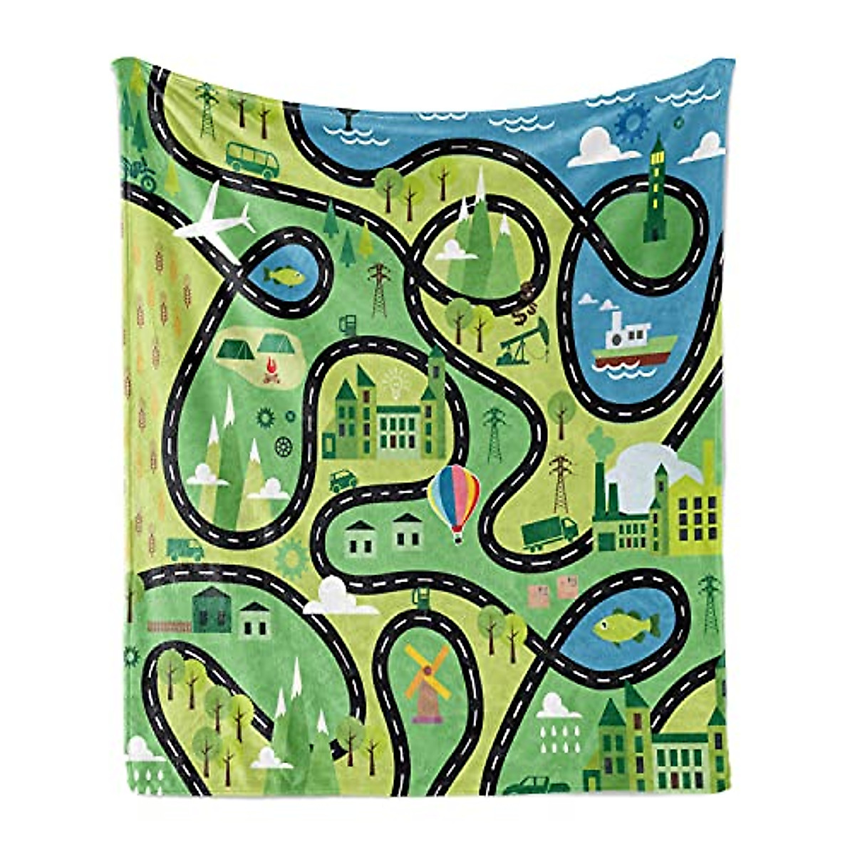 Ambesonne Cartoon Throw Blanket, Aerial View of Coastal Suburbs with Roads Style Hot Air Balloon Windmill, Flannel Fleece Accent Piece Soft Couch Cover for Adults, 50" x 70", Multicolor