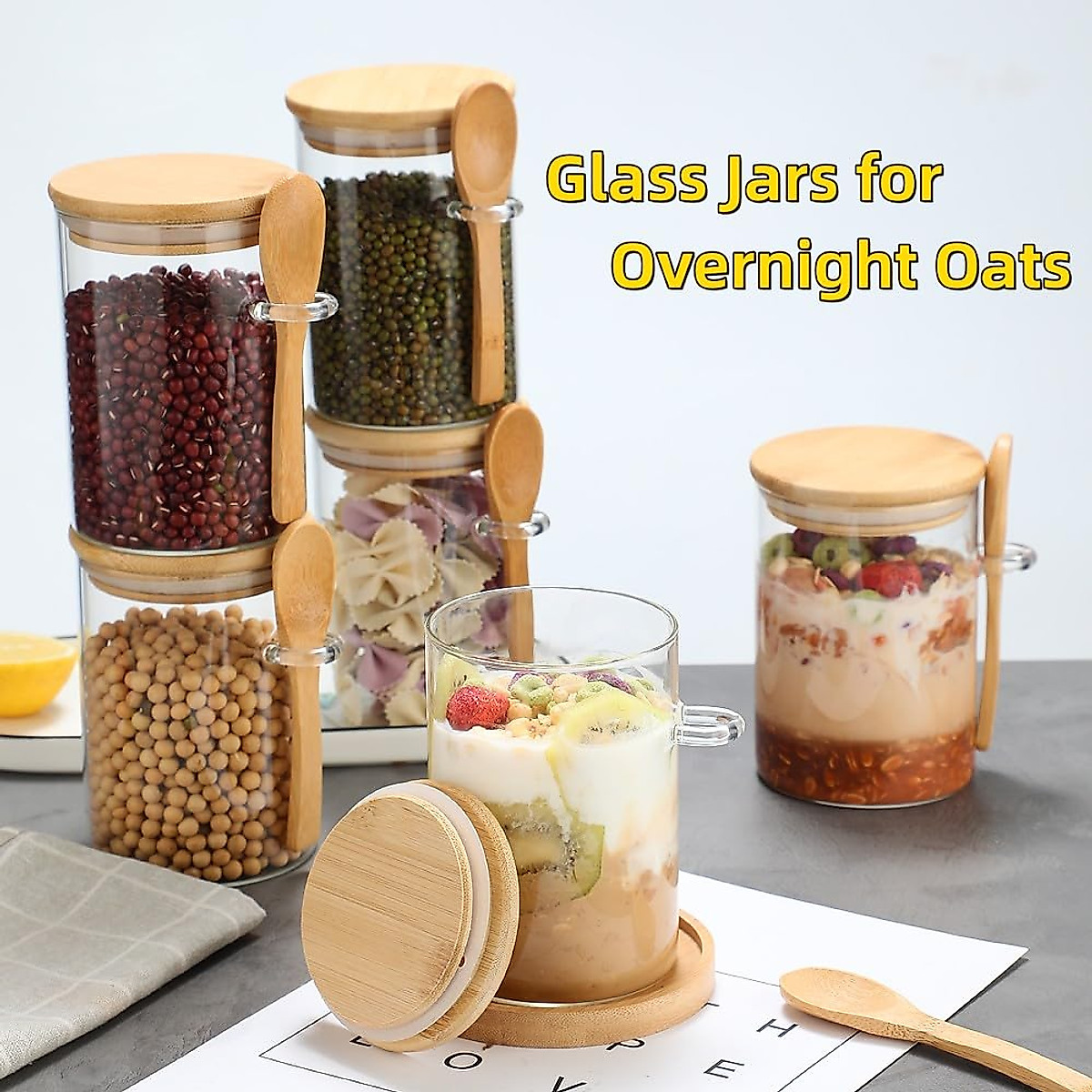 Recceng 4 Pack Overnight Oats Glass Containers with Lids and Spoons, 17 OZ Glass Jars with Spoons and Lids for Loose Tea, Meal Prep Jars with Bamboo Lids for Chia Pudding, Yogurt