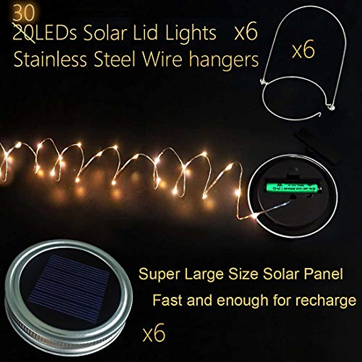 Solar Mason Jar Lid Lights, 6 Pack 30 Led String Fairy Star Firefly Jar Lids Lights,6 Hangers Included(Jars Not Included), Best for Mason Jar Decor,Patio Garden Decor Solar Laterns Table Lights