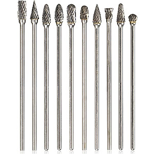 Yakamoz 10Pcs 3mm (1/8") Shank Long Double Cut Tungsten Carbide Burrs Rotary Files Diamond Burs Bit Set for Die Grinder Rotary Tool, 4-Inch Length